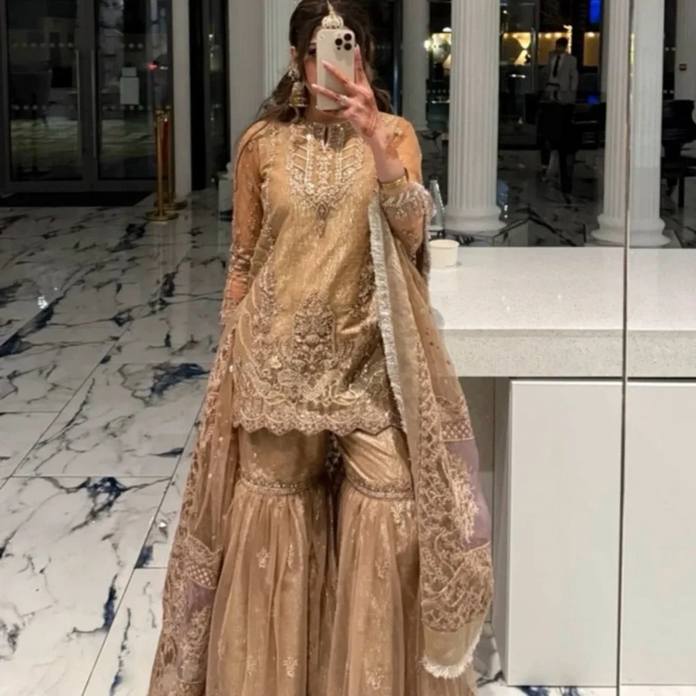 Salwars | Embroidered Gold Bridal Lehenga With Sheer Dupatta | Poshmark